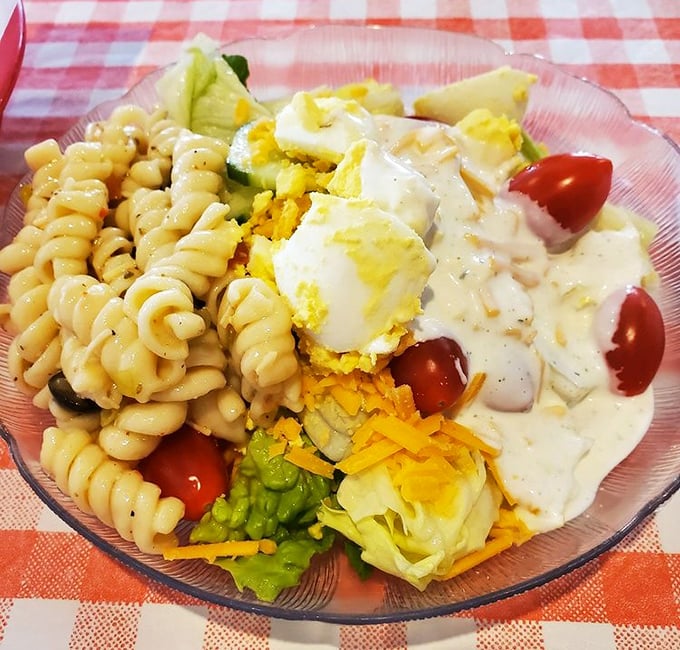 A pasta salad that didn't come from a plastic tub at the supermarket – fresh, colorful, and made by someone who understands the concept of seasoning.