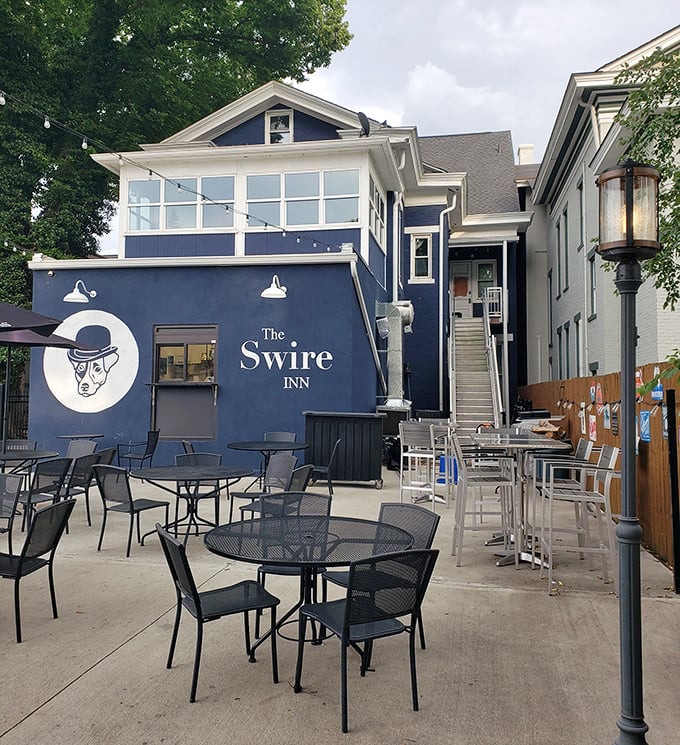 The outdoor patio at The Swire Inn—where summer evenings are measured in empty plates and lingering conversations.