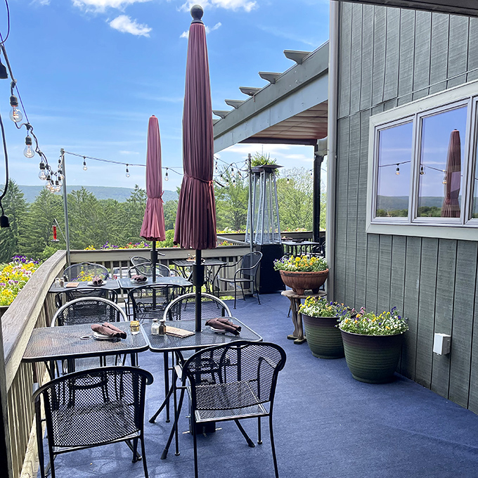 The patio doesn't just offer seating—it delivers panoramic Pennsylvania views that pair perfectly with everything on the menu.