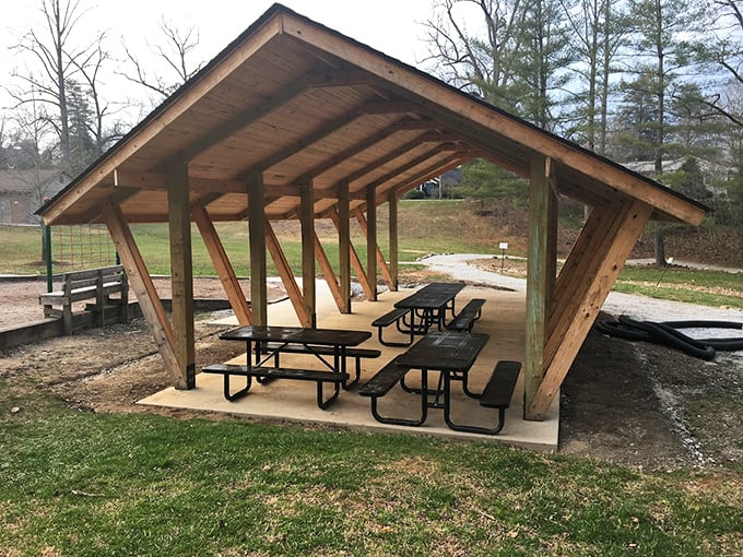 This rustic picnic shelter offers protection from mountain weather while keeping you connected to nature – think of it as camping with training wheels.