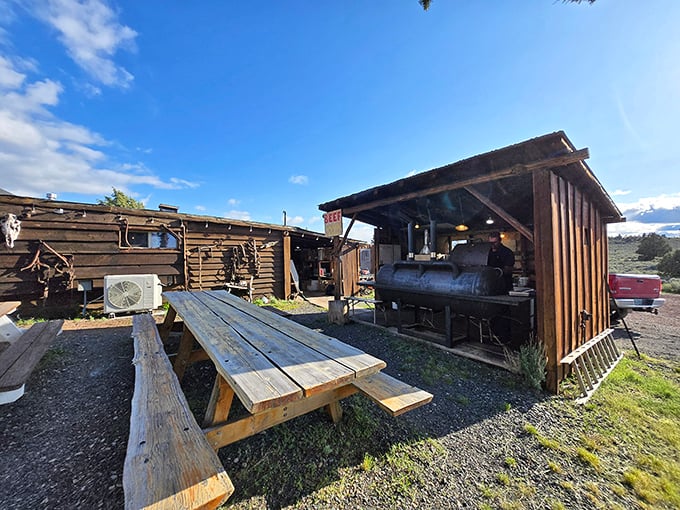 Al fresco dining, cowboy style. This picnic table has probably witnessed more food comas than a Thanksgiving living room.