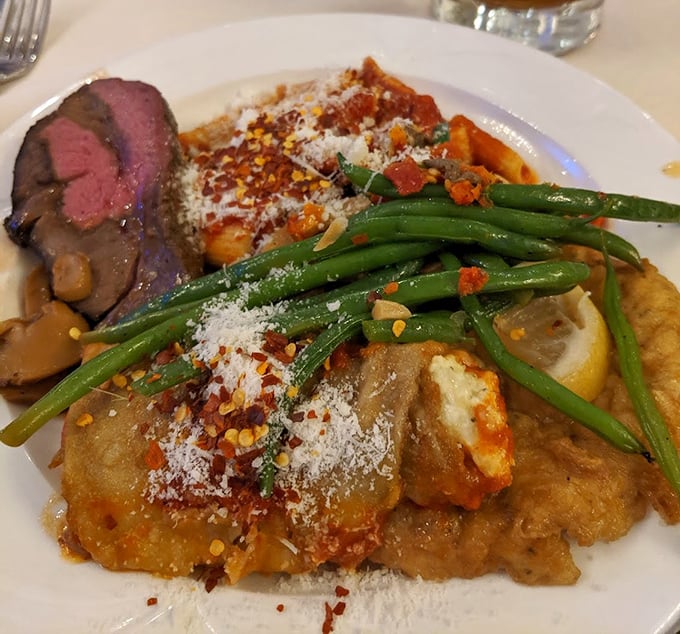 A plate that refuses to specialize – offering a protein, pasta, and vegetable trifecta that satisfies both your appetite and your mother's voice in your head.