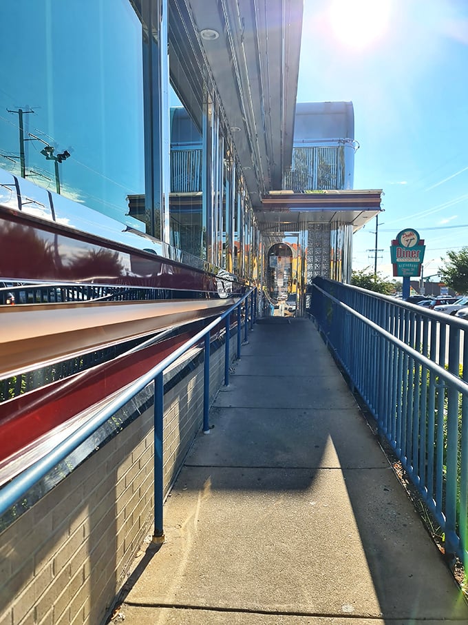 The entrance walkway isn't just a path—it's the yellow brick road leading to a wonderland of pancakes and possibilities.