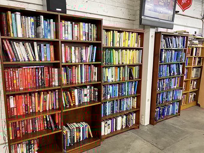 Color-coded bookshelves create a rainbow of reading possibilities—from beach reads to classics—all organized for maximum browsing pleasure.