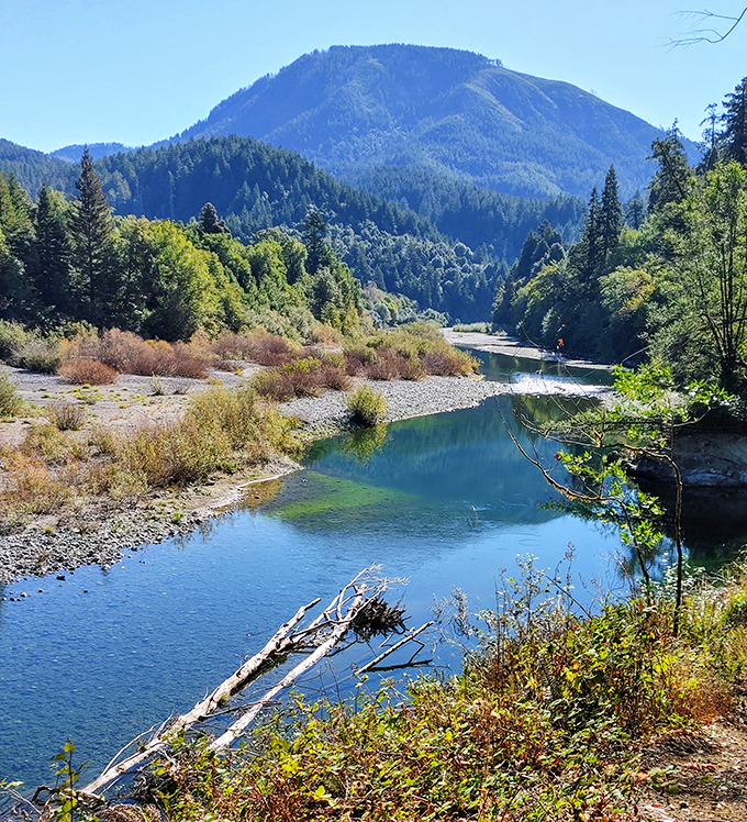 The Chetco River valley unfolds like a landscape painting you can actually walk into. Those mountains aren't just a view—they're an invitation.