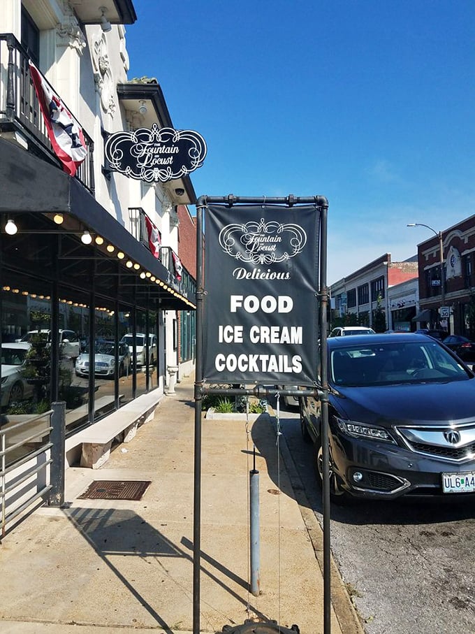 The sign says it all: Food, Ice Cream, Cocktails. The holy trinity of happiness, proudly displayed for all of Locust Street to see.
