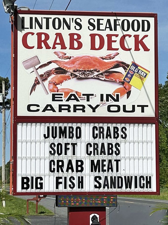 Linton's roadside sign doesn't mince words—it gets right to the point with "JUMBO CRABS" and "BIG FISH SANDWICH." No further explanation needed.