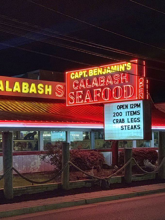 By night, the neon glow acts like a lighthouse for the seafood-starved. "200 items" isn't a menu count—it's a challenge accepted.