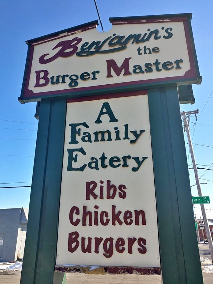 The sign promises three things—Ribs, Chicken, Burgers—and delivers on all fronts with zero pretension and maximum flavor.