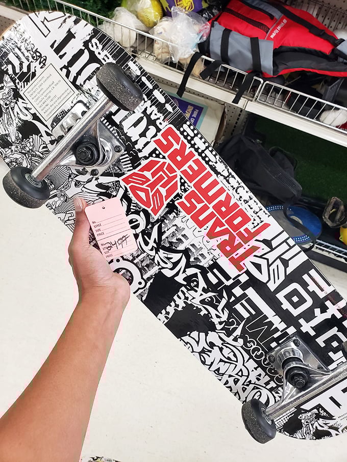 Urban art meets transportation in this graffiti-covered skateboard. Someone's former ride is about to become another person's sidewalk statement piece.