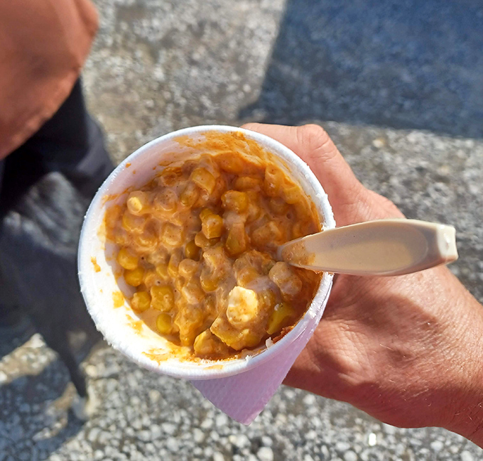 Elote in a cup—the perfect walking-around food! This creamy, spicy corn concoction fuels serious shoppers for the treasure hunt ahead.