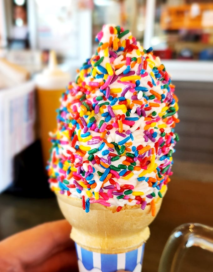 This sprinkle-covered soft serve isn't just dessert—it's joy in edible form, a rainbow explosion that makes adults smile like kids again.