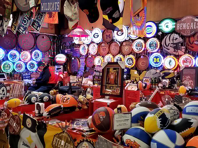 Sports heaven: where team loyalty glows in neon, memorabilia covers every surface, and fans can find that perfect piece of game-day history.