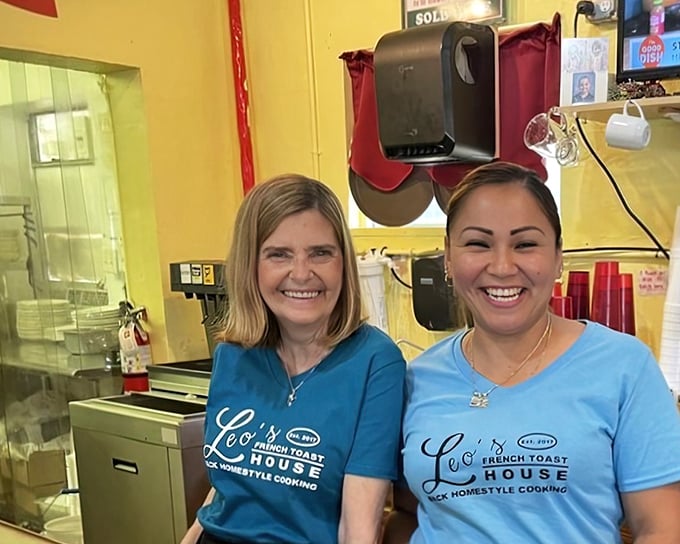 The smiles behind the food—Leo's staff wearing their signature blue shirts and the kind of genuine warmth that can't be trained.