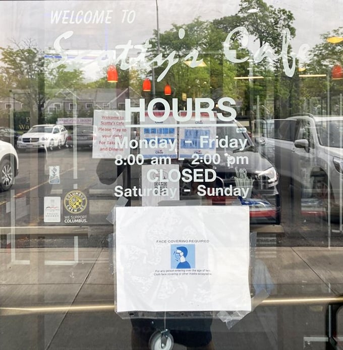 Hours posted clearly – because knowing when you can get your French toast fix is essential information for survival in Columbus.