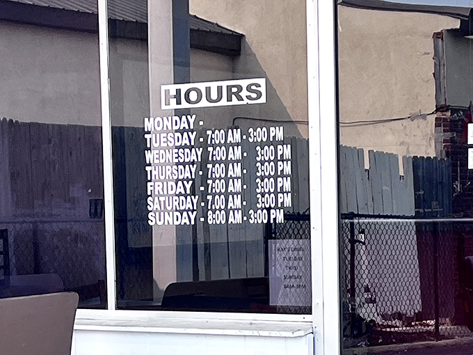 Open seven days a week because breakfast cravings don't take days off. The hours posted clearly—no fancy website needed.
