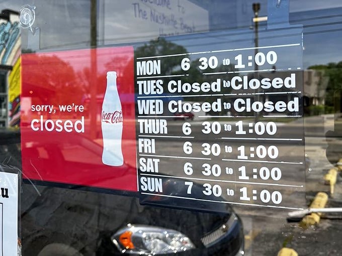 The hours posted on the door—a crucial piece of information that separates the successful breakfast hunters from those left hungry and disappointed.