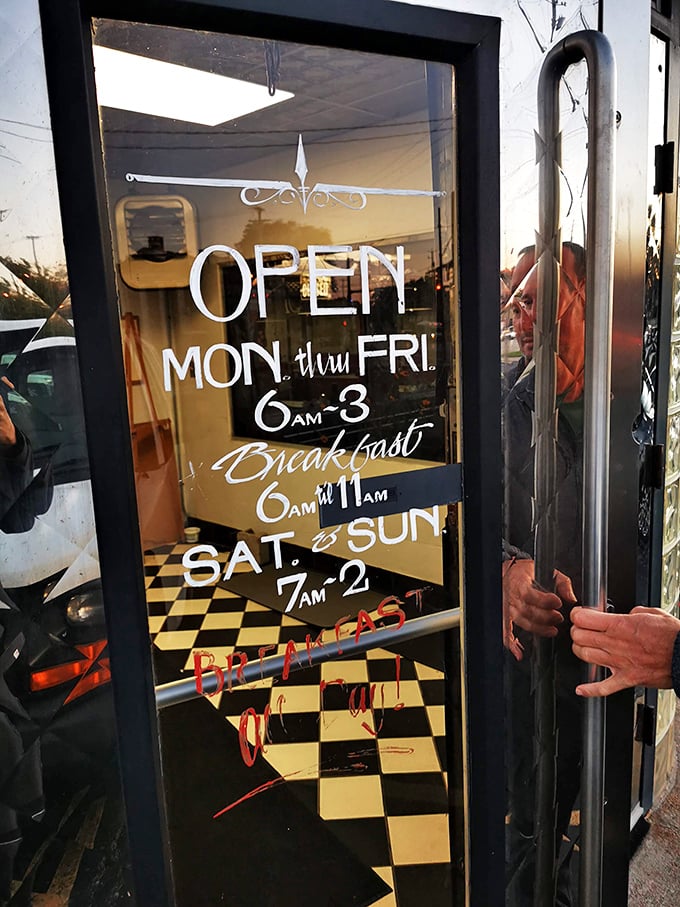 The hours posted on the door tell you everything—this is a place that understands breakfast is an all-day affair. Early birds and late risers equally welcome.