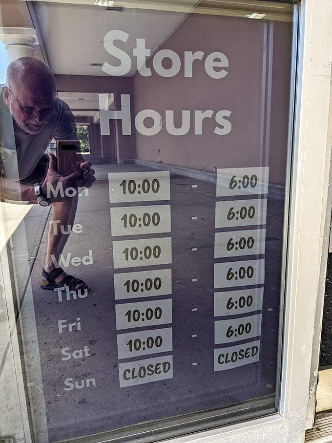 The sacred text of thrift store devotees – store hours posted clearly. Note the early birds get the vintage worms, Monday through Saturday.