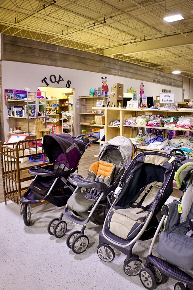 Baby gear galore! Gently-used strollers stand at attention, ready to wheel the next generation of tiny humans through parks and malls.