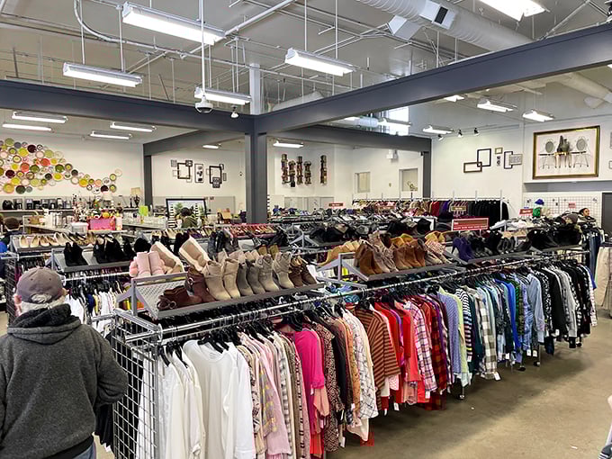 The wide-angle view reveals the democratic nature of thrifting – all ages, styles, and budgets united in the universal quest for that perfect find.