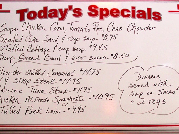 Today's specials board—where daily inspiration meets culinary tradition, handwritten with care and promising satisfaction beyond the regular menu.