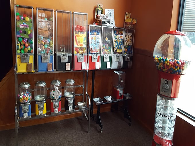 Gumball machines standing sentinel by the exit—a final temptation for the young and young-at-heart. Dinner and a prize!