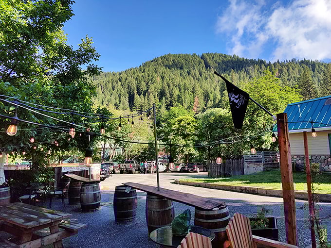String lights, wine barrels, and mountain views—this outdoor gathering space proves that the best nightlife doesn't need neon or cover charges.