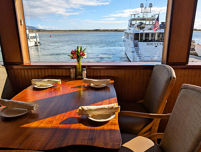 Window tables frame million-dollar views of Morro Bay's harbor—where your dining companions include passing boats and distant shores.