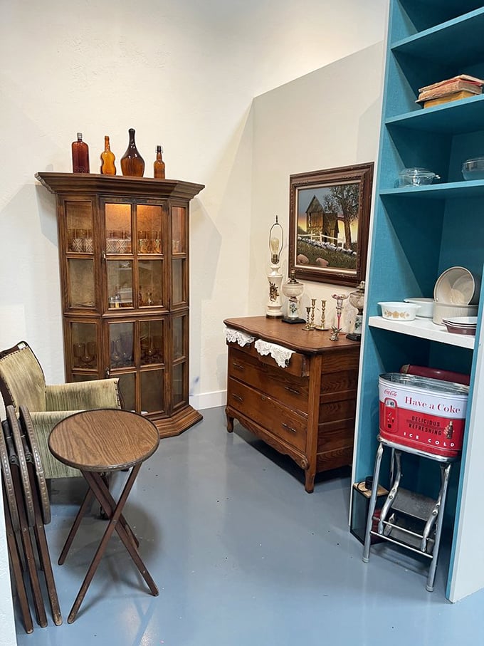 Vintage cabinets and amber bottles create perfect vignettes throughout the store, inspiring shoppers to reimagine their own spaces.