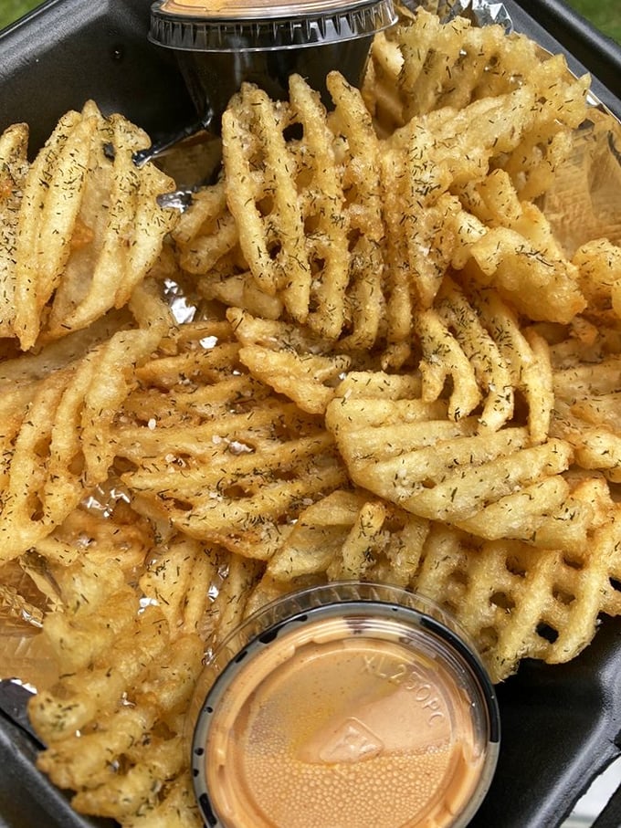 Waffle fries that didn't just show up to the party—they brought their own dipping sauce and plan to stay till dawn.