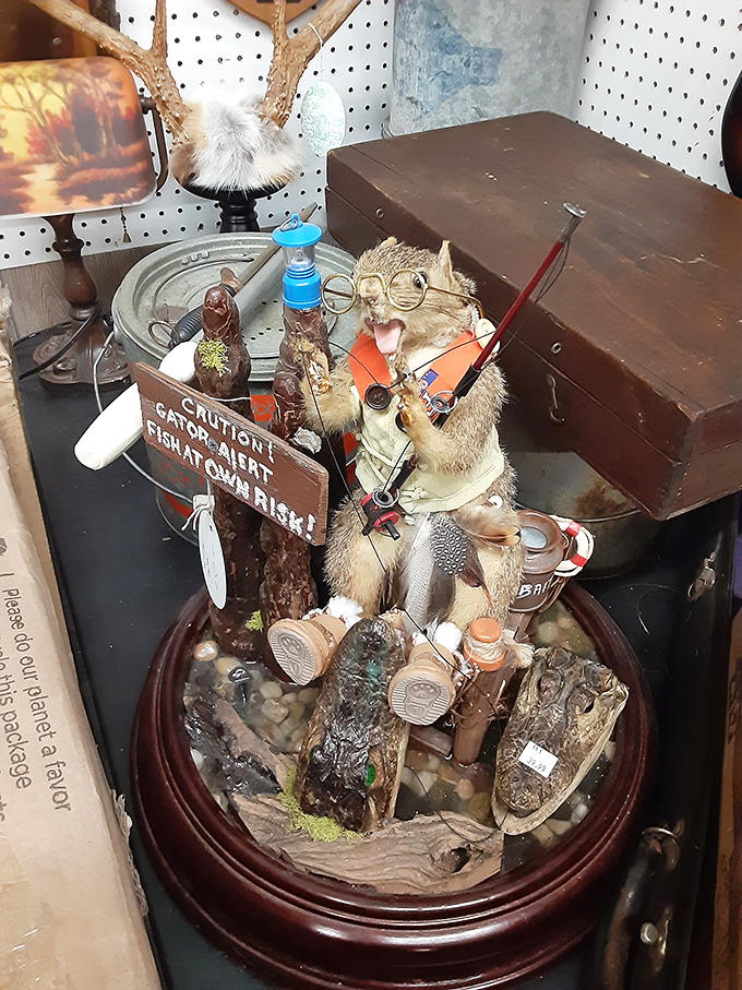 Taxidermy meets whimsy in this fishing squirrel diorama. Part conversation piece, part fever dream—exactly the kind of oddity that makes antiquing an adventure.