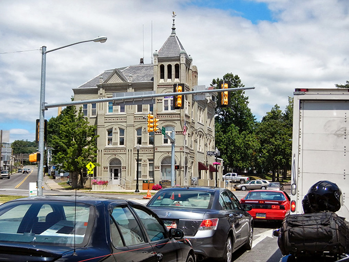 Bloomsburg's historic buildings stand proudly, their architectural details preserved through changing seasons.