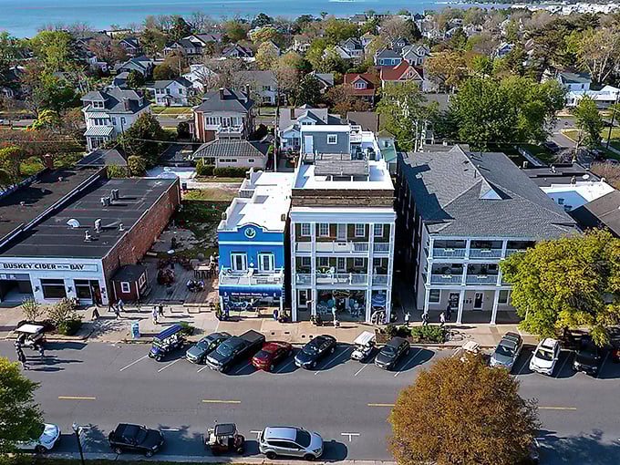 Downtown Cape Charles from above reveals the perfect small-town layout—where everything you need is within walking distance and nothing you don't is allowed in.