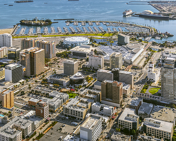 From above, Long Beach reveals its perfect balance of urban grid and maritime charm—a treasure map for antique hunters with an aerial advantage.