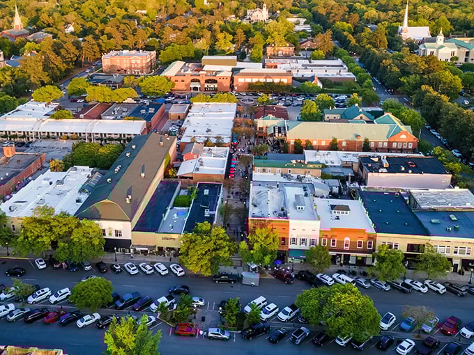 From above, downtown Aiken reveals its perfect blend of historic charm and modern convenience—like a well-designed charcuterie board of urban planning.