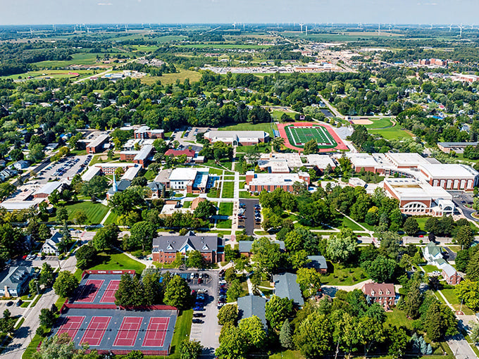From above, Alma reveals itself as a perfect blend of green spaces, historic campus, and small-town grid – Michigan's heartland in one frame.