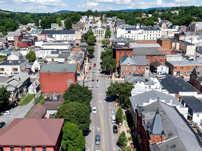 Aerial view reveals Bellefonte's perfect small-town proportions, where everything feels walkable and wonderfully connected by design.