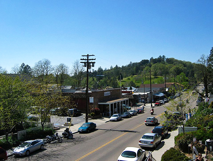 Bird's eye view of Julian's main drag—where every building has a story and every story involves apples, gold, or both.