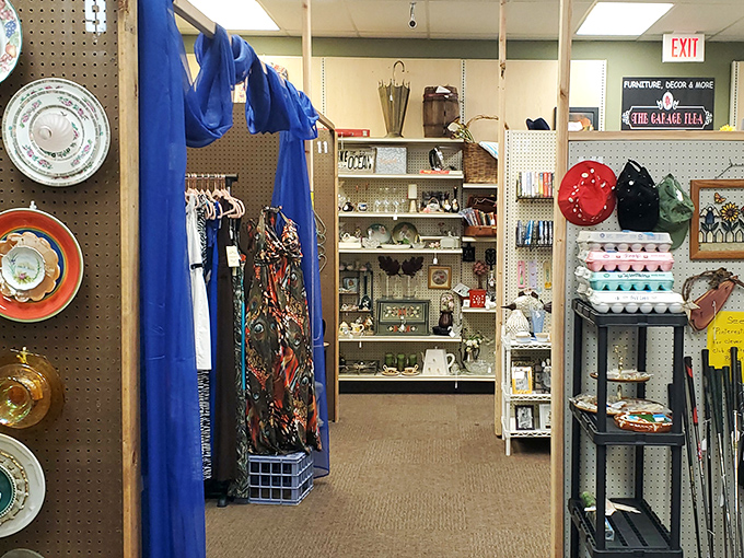 Down this unassuming aisle, kitchen treasures and home decor wait patiently—from colorful egg carriers to plates that might have served Nixon-era dinners.