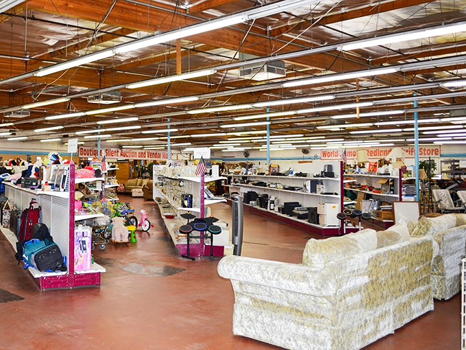 A bird's-eye view of the thrift store landscape reveals islands of furniture, clothing, and housewares—a treasure map where X marks every spot.