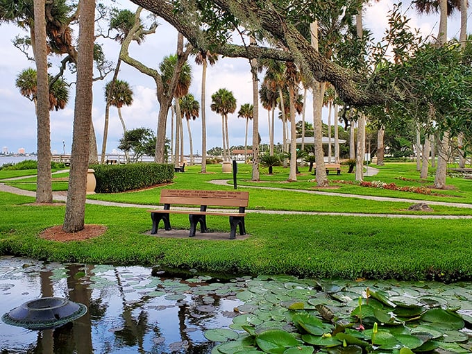 Park benches positioned for maximum contemplation among palm trees and lily pads – nature's version of the perfect living room arrangement.