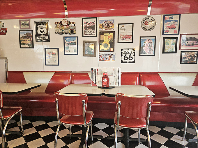 Route 66 memorabilia watches over diners like friendly ghosts of road trips past, while red vinyl booths invite you to stay awhile.