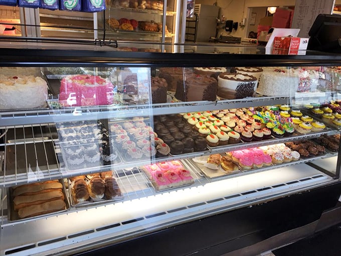 The display case that launches a thousand cravings—a kaleidoscope of frosted, glazed, and cream-filled treasures that makes choosing just one nearly impossible.