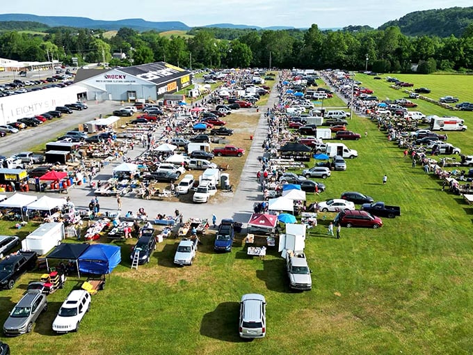 The aerial view reveals Leighty's true scale—a temporary city of commerce nestled in Pennsylvania's rolling hills. Sunday's most exciting treasure hunt from above.