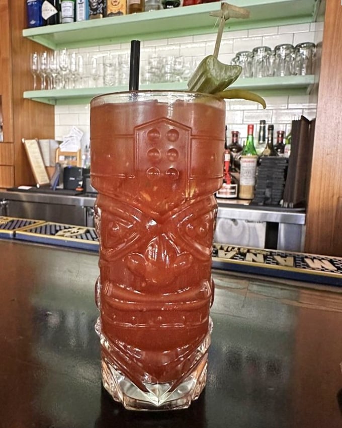 This isn't just a Bloody Mary—it's a work of art in a tiki glass. Spicy, savory, and strong enough to make your Sunday brunch memorable.