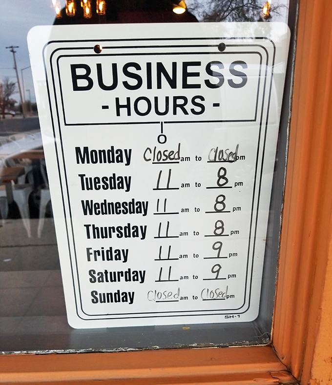 Business hours that should be committed to memory—because knowing when you can return is essential information.