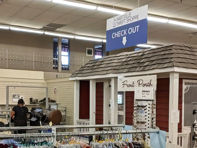 Even the checkout area charms with its miniature house facade—a fitting final chapter to the storybook experience of thrifting at Hartville.