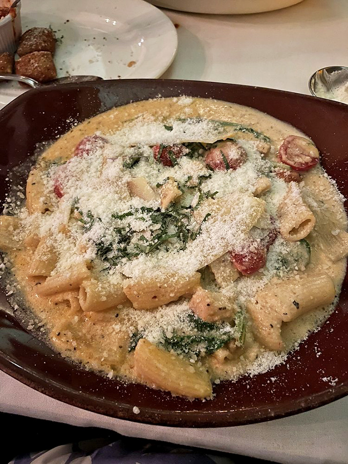 The legendary Chicken Rigatoni – a creamy, tomato-kissed masterpiece that's worth crossing state lines for, with pasta tubes perfectly capturing every drop of sauce.