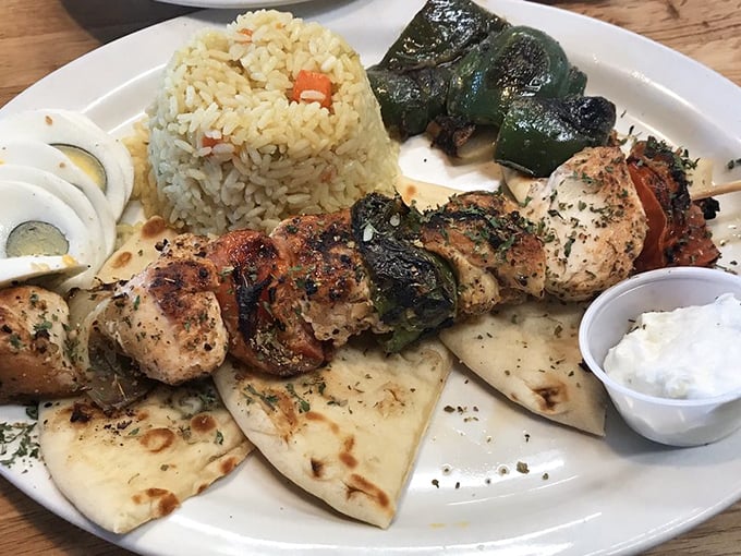 Souvlaki that transports you straight to the Mediterranean. Those charred edges tell you the grill master knows exactly what they're doing.